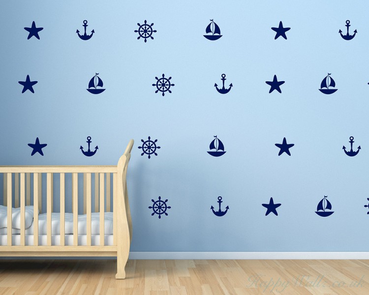Nautical Wall Decals - Set of Sailboat Anchors Starfish Helm Decals