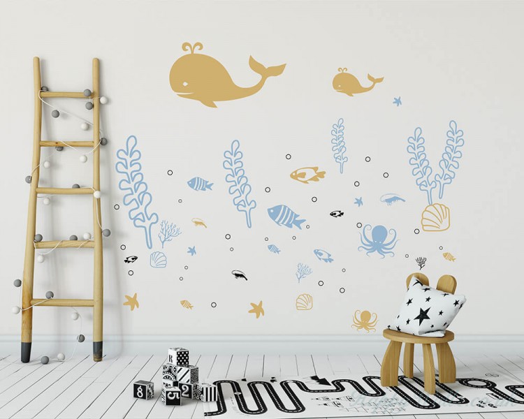 Sea World Wall Decal-Ocean Scene with Whales, Octopus, Plenty of Fish ...
