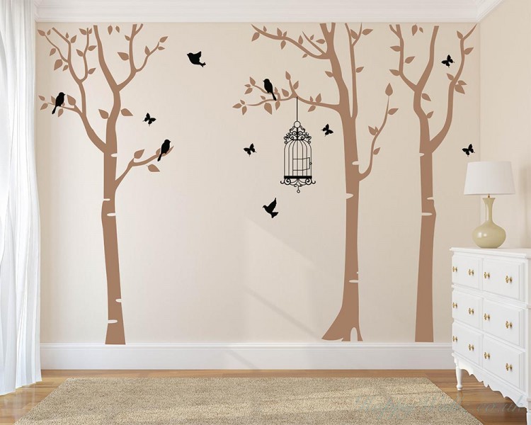 Birch Tree Wall Decal with Birds - Tree Art Stickers