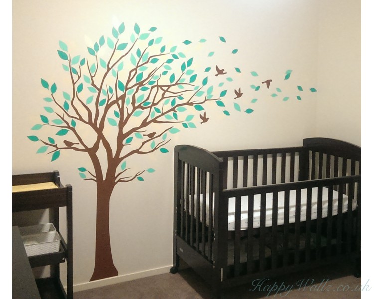 Large Tree Wall Decal with Colorful Leaves Blow in the Wind